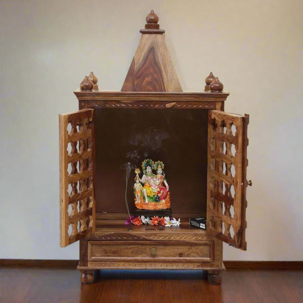 Sheesham Wood Mandir With Door In Natural Finish – Demiwall